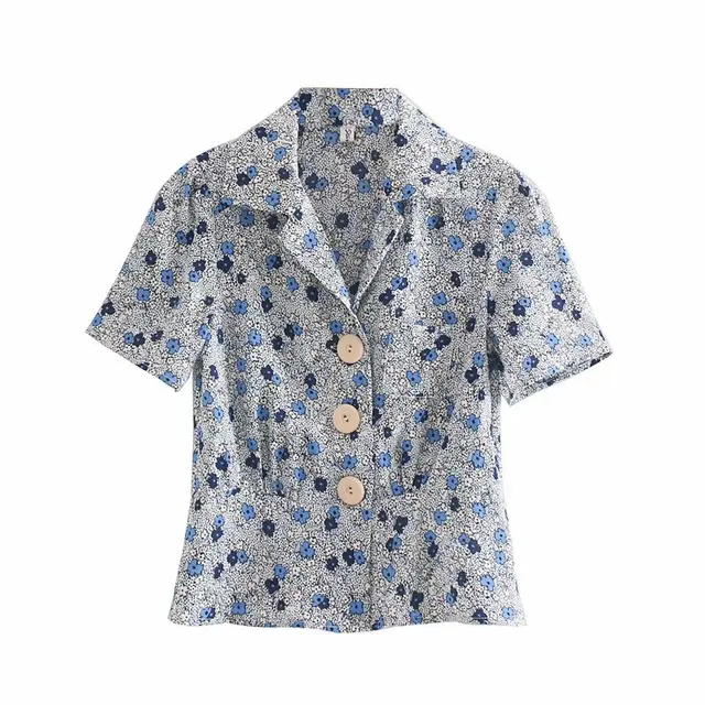 Traf Store Chic France Blue Floral Print Women Blouse Official 3 ...