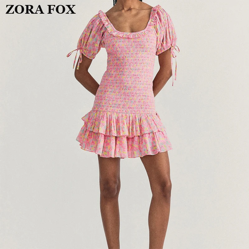 ZORA FOX Woman Skinny Mini Dress With Short Puff Sleeve Suqare Collar ...