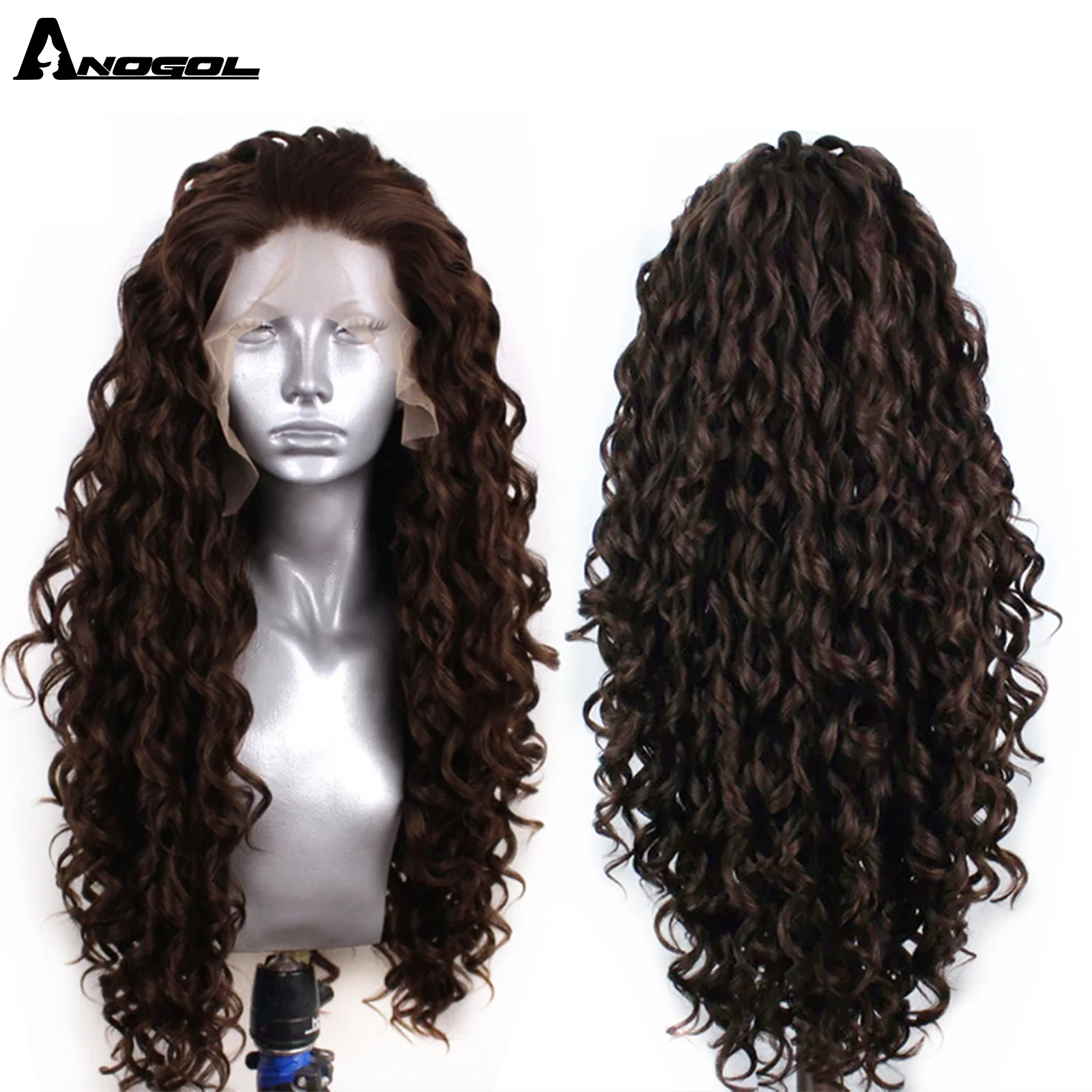 Anogol Synthetic Long Kinky Curly Lace Front Wig With Free Part High ...