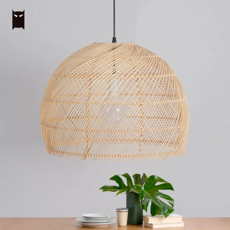 Hand Weaving Wicker Rattan Hemisphere Shade Pendant Light Fixture Asian ...