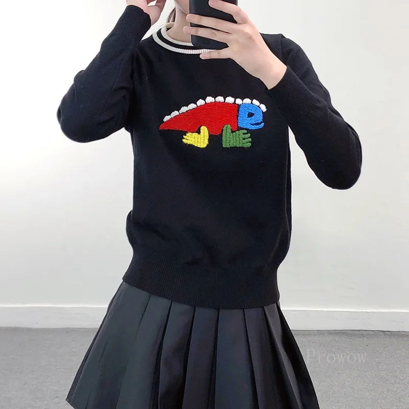 Striped Round Neck Black Sweater with Cembroidered Lizard 2021 Autumn ...