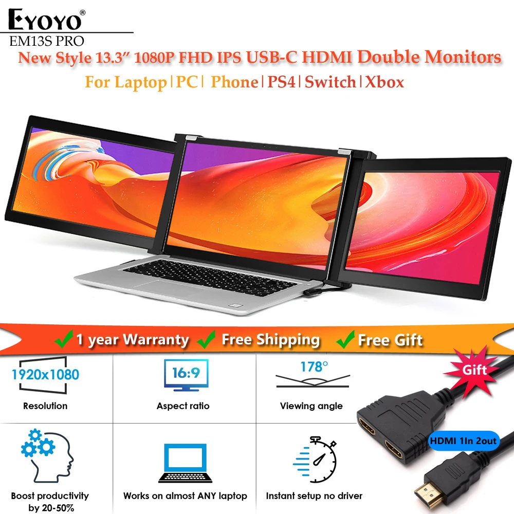 Eyoyo ips duplo portátil monitor 13.3 "1920x1080 USB C hdmi gaming ...