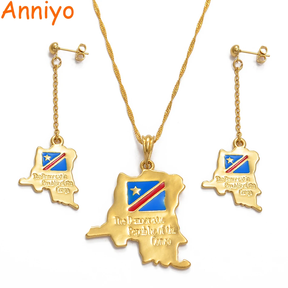 Anniyo Democratic Republic of the Congo Map Necklace Earrings Gold ...