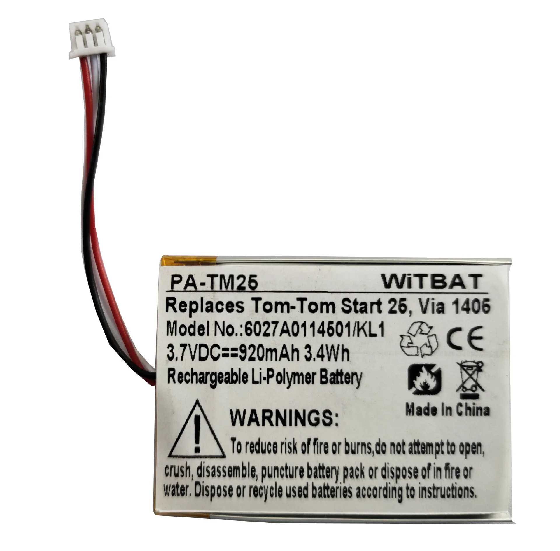 3.7V 920mAh Battery for TomTom Start 20,25,Via 135, 1405, KL1, GPS battery Li-Polymer ...