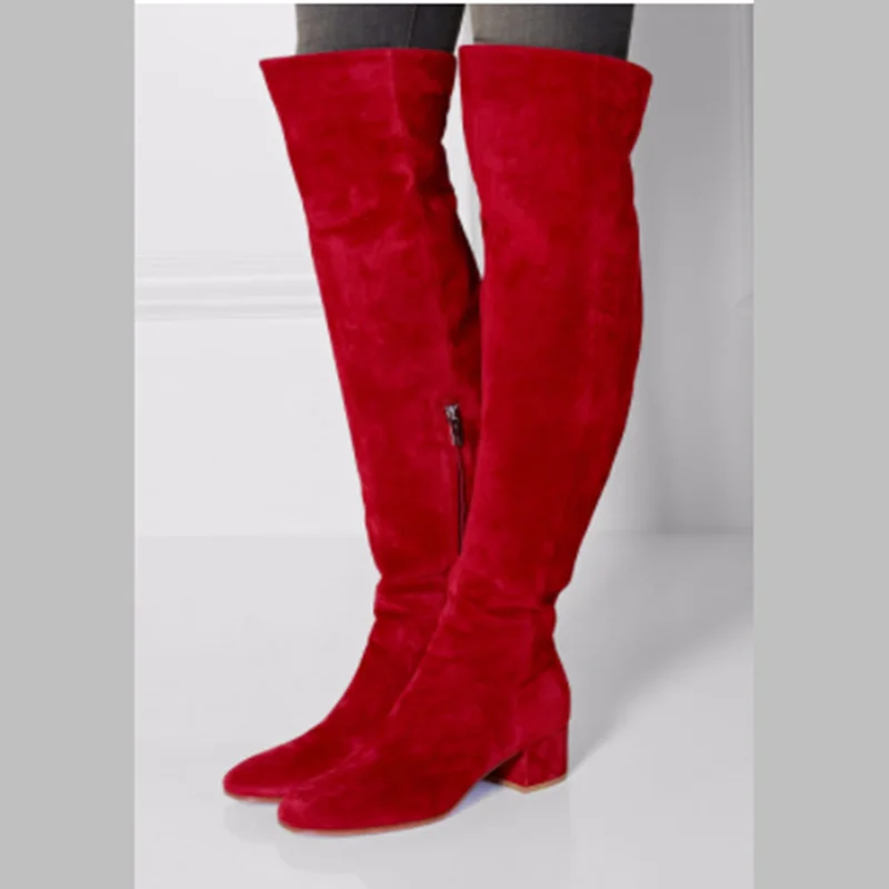 Women Winter Flat Boots Red Suede Over The Knee Boots Round Toe Thick ...