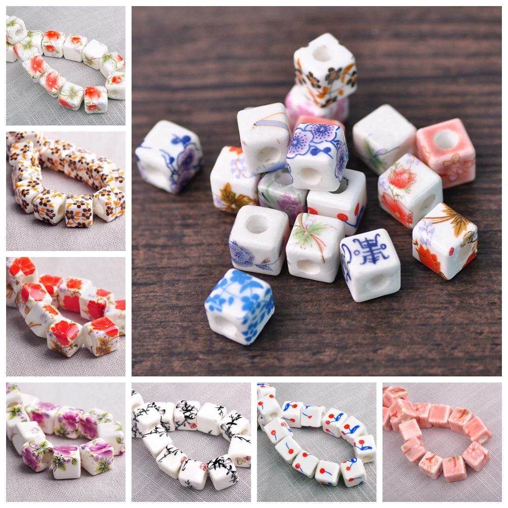10pcs-10mm-Cube-Flower-Patterns-Ceramic-Porcelain-Loose-Crafts-Beads ...