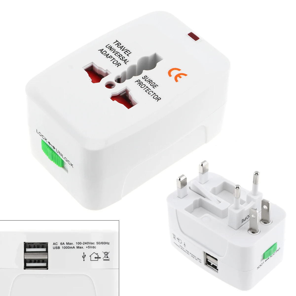 White Global Universal Travel Adapter Plug Double USB Port AC Power ...