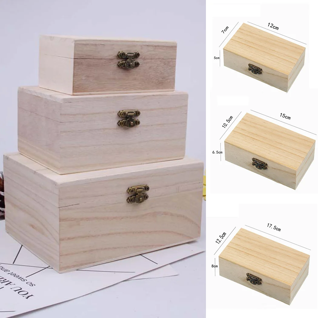S/M/L Wooden Storage Box Plain Wood With Lid Multifunction Square ...