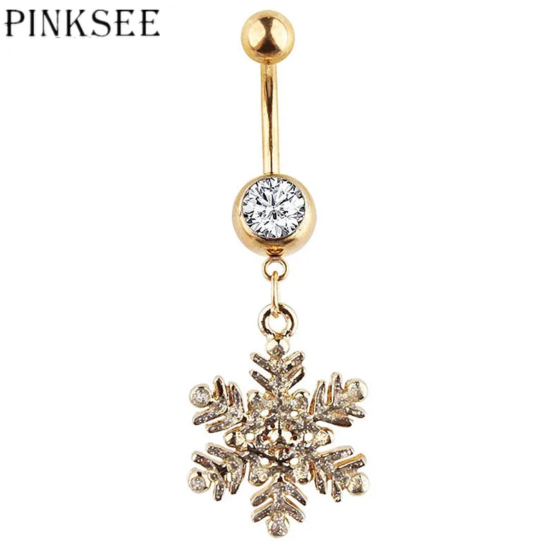 PINKSEE Stainless Steel Belly Button Crystal Snowflake Pendant Navel ...