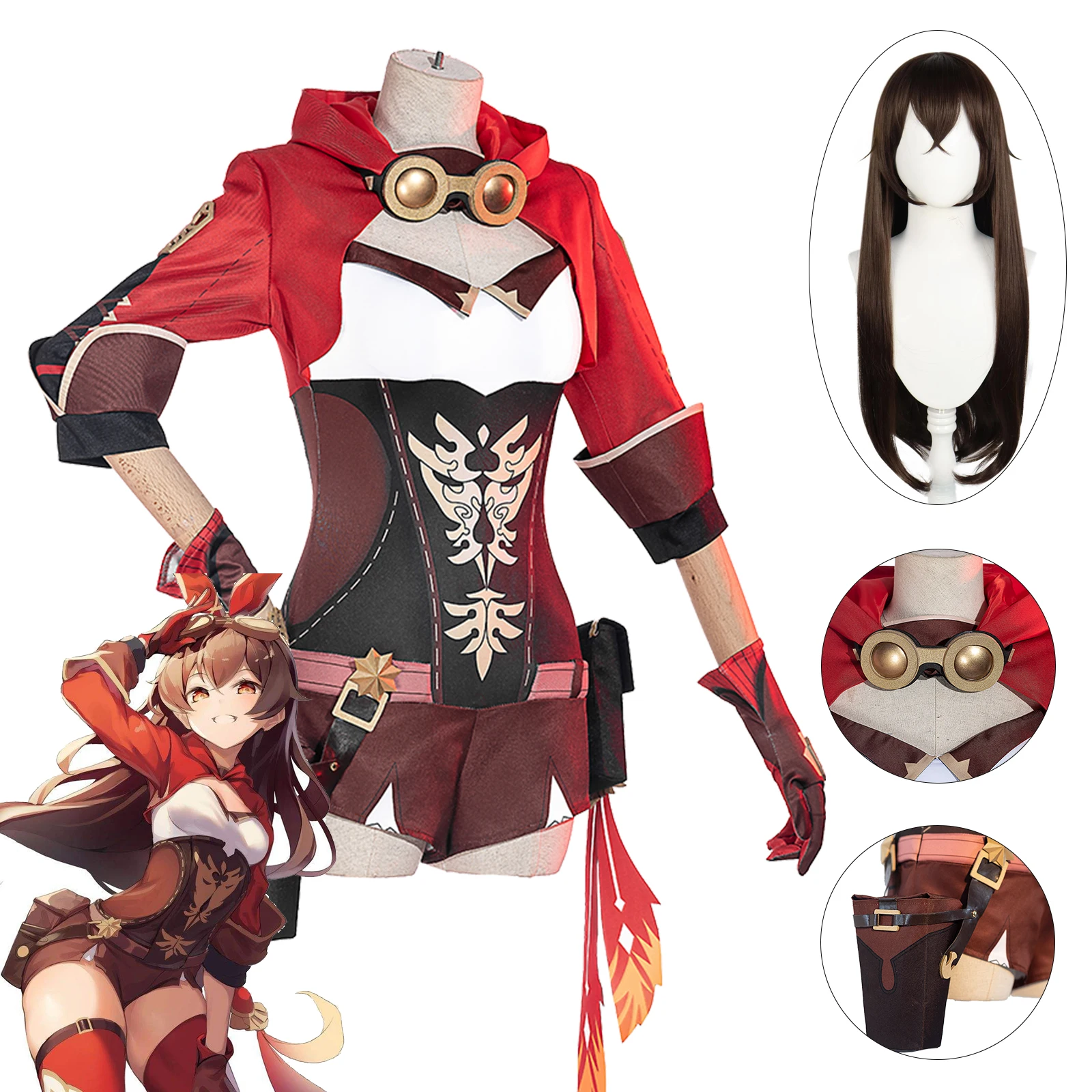 Genshin-Impact-Game-Amber-Cosplay-Costume-Brown-Synthetic-Wig-Glasses ...