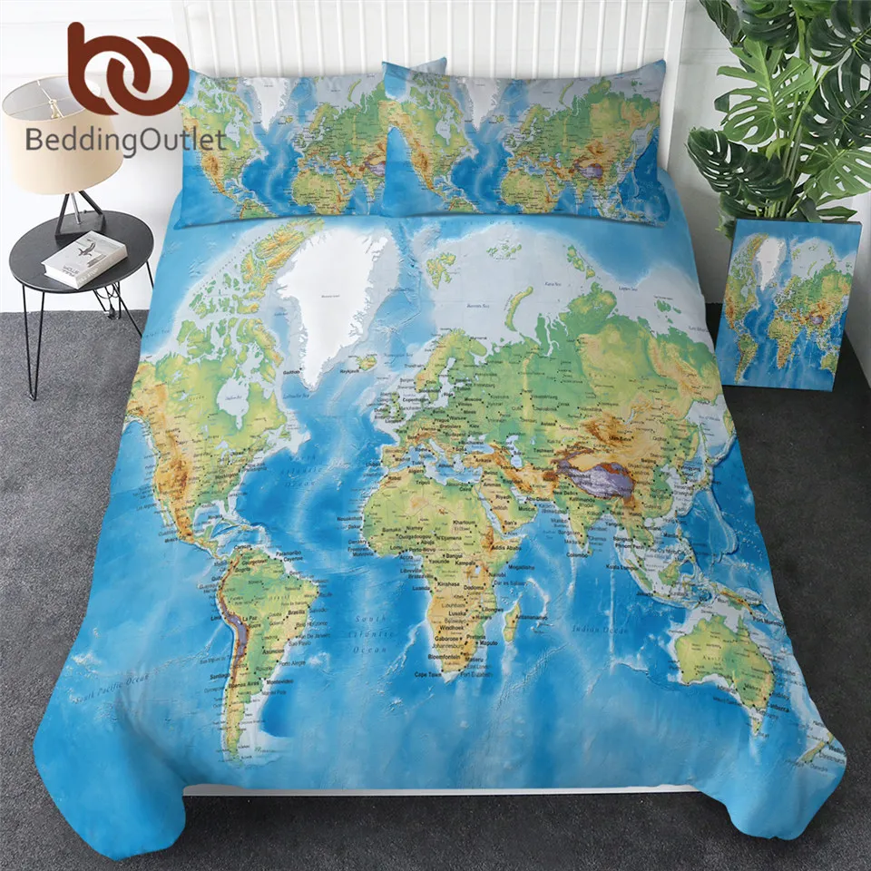 BeddingOutlet-World-Map-Bedding-Set-Vivid-Printed-Blue-Bed-Duvet-Cover ...