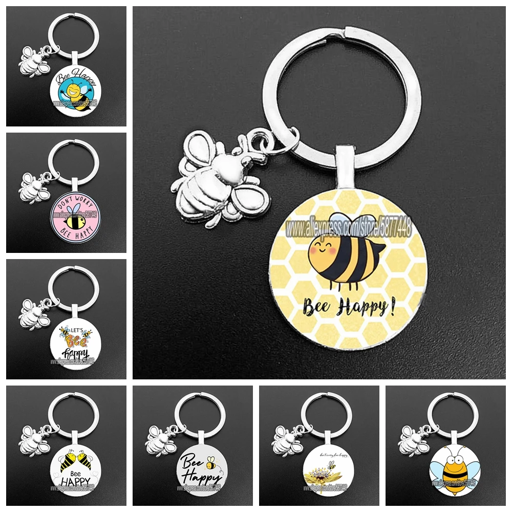 Cute-Animal-Bee-Be-Happy-Glass-Cabochon-Keychain-Key-Chain-Encourage ...