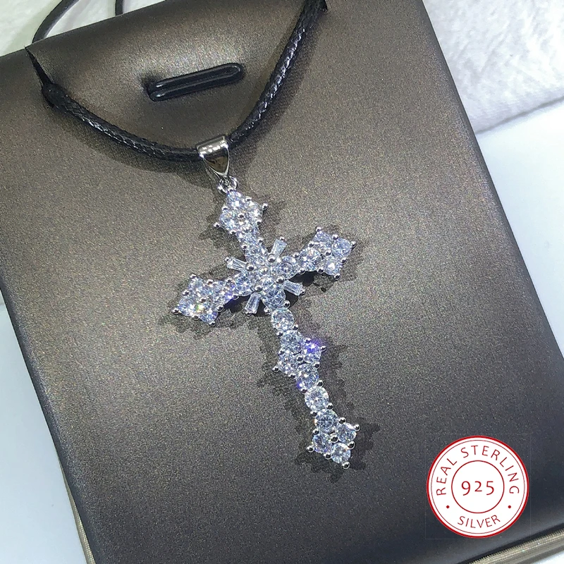 925 Silver Delicate Women's Hip Hop Cross Pendant Necklace Zircon Chain ...