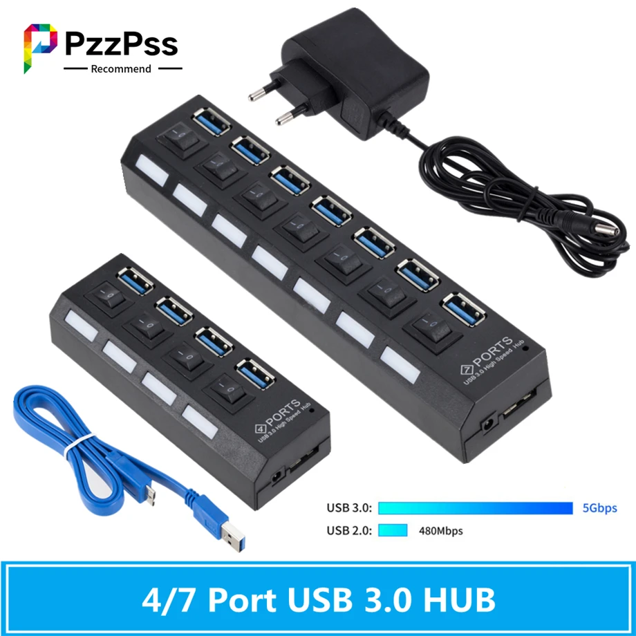 PzzPss concentrador de red USB 3,0, adaptador de corriente multiusb 3,0, expansor múltiple de 4/ ...