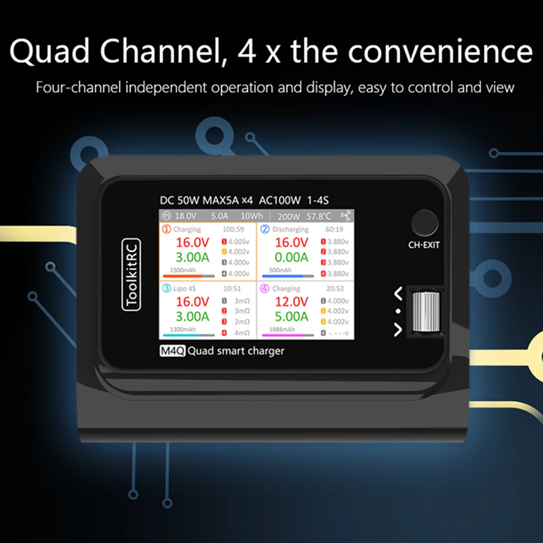 ToolkitRC M4Q 4x50w 5A 1-4S AC 100W 4Port XT60 XT30 DC Smart Charger 3. ...