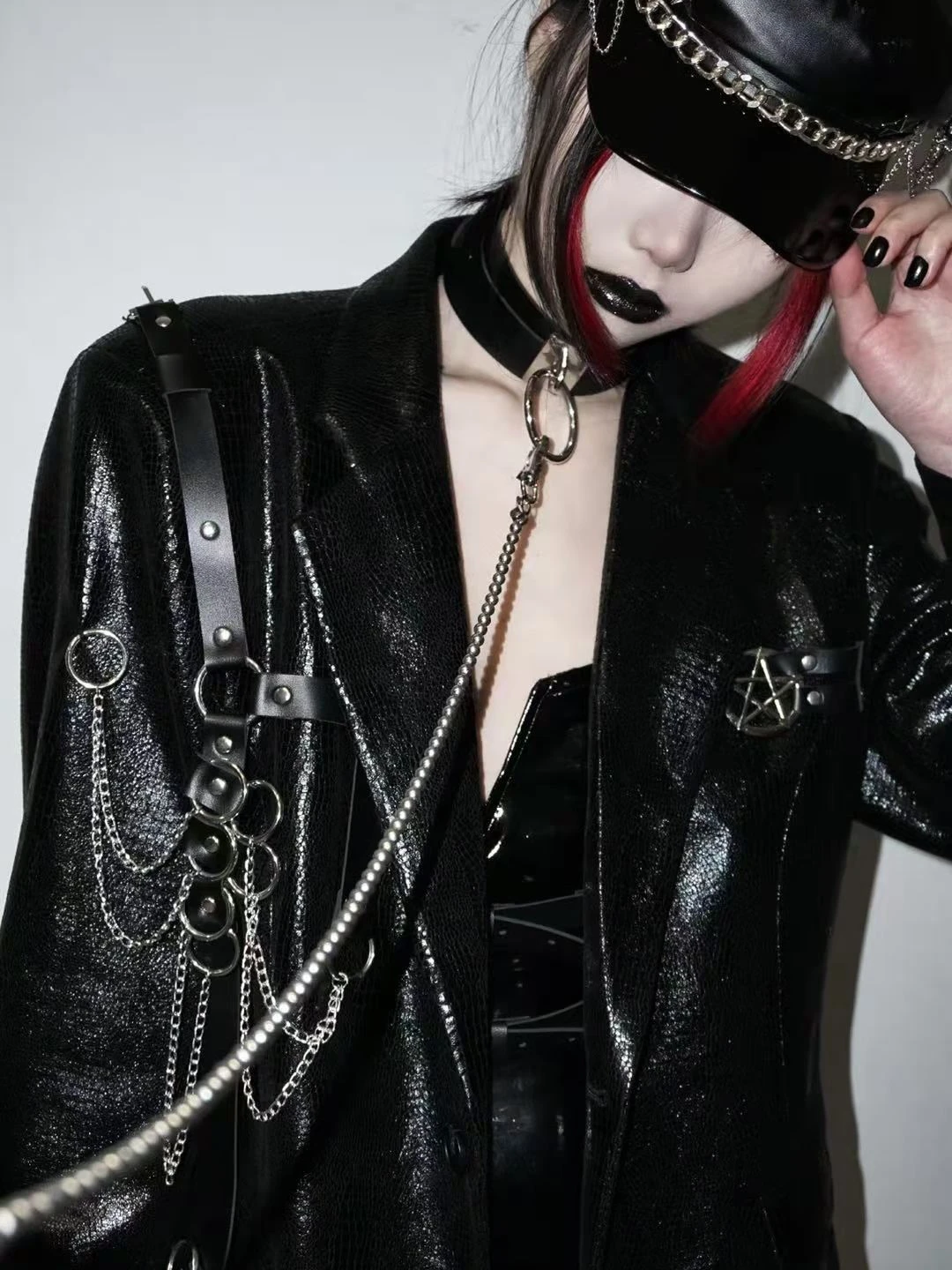 Jaket Kulit Buaya Faux Gelap Wanita Punk Industri Berat, 50% OFF