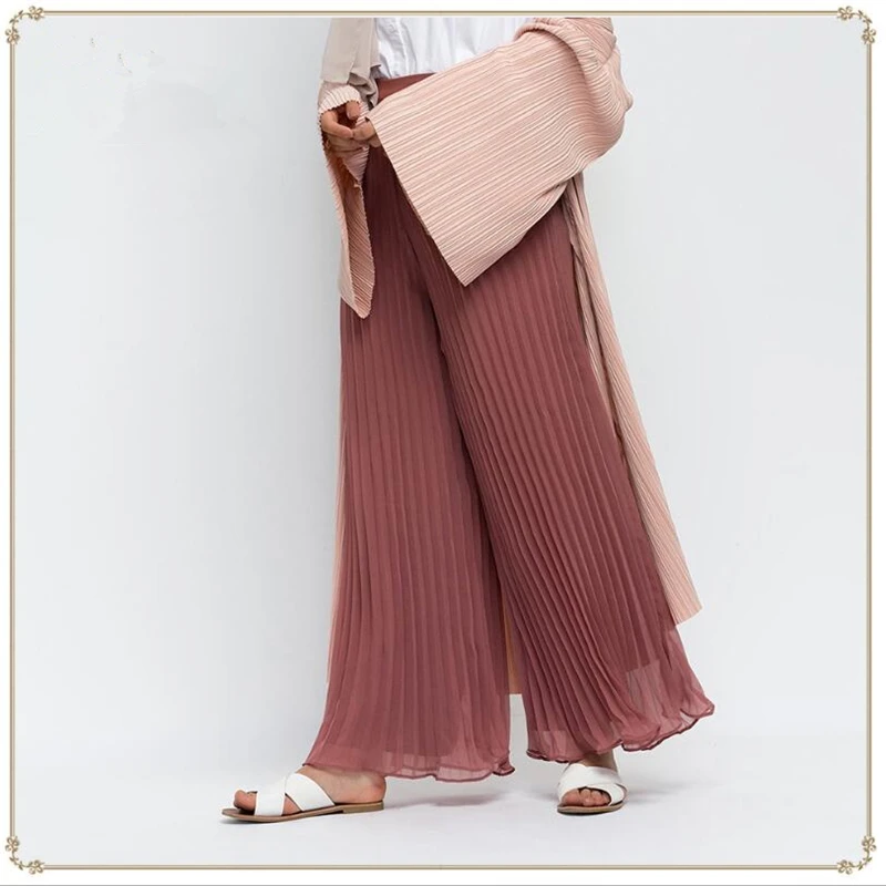 Fashion islamic pants women wide legs chiffon muslim trousers ruffle ...