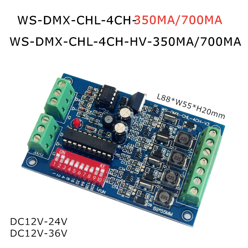 Decodificador DMX512 de 4 canales, Controlador LED de 350MA/700MA, DC12V 24V de corriente ...