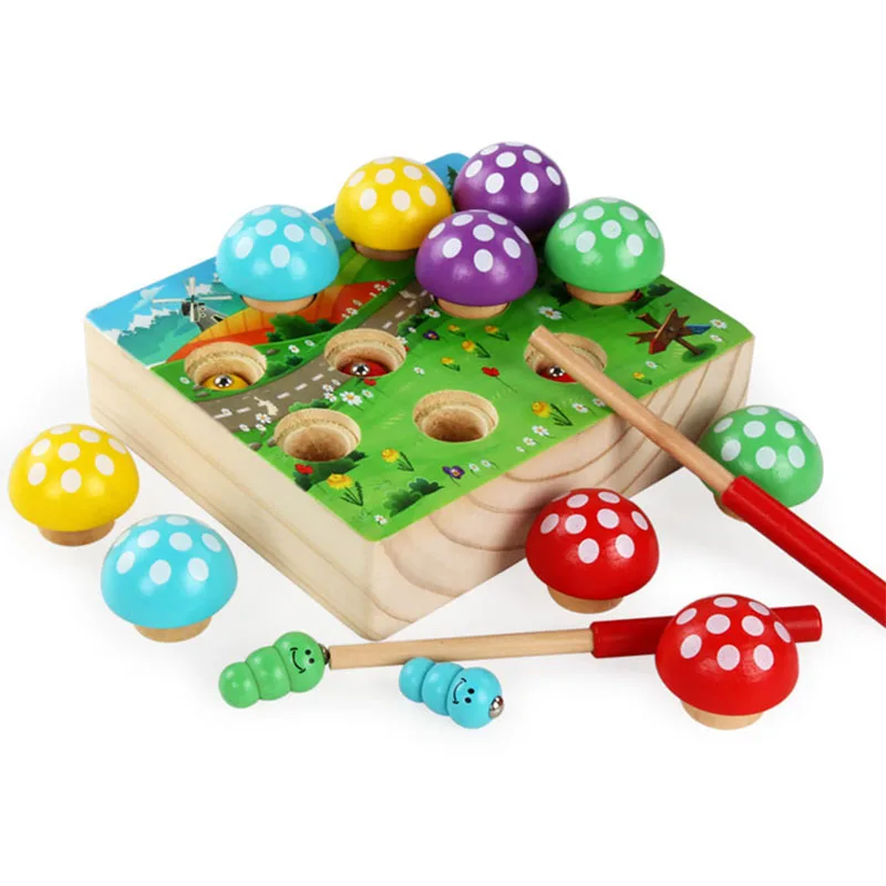 Magnetic Fishing Mushroom Forest Insects Catch Kids Toys Wooden Magnets ...