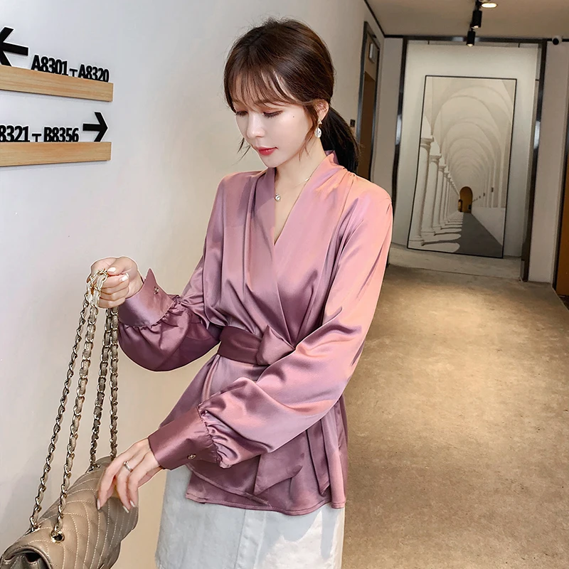 Корейские модные шелковые женские блузки атласные женские топы и ...