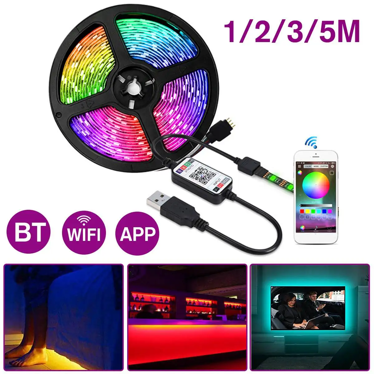 bluetooth LED Strip Light 5050 RGB 60LED/M IP67 5V USB Flexible Light Tape WiFi APP Control ...