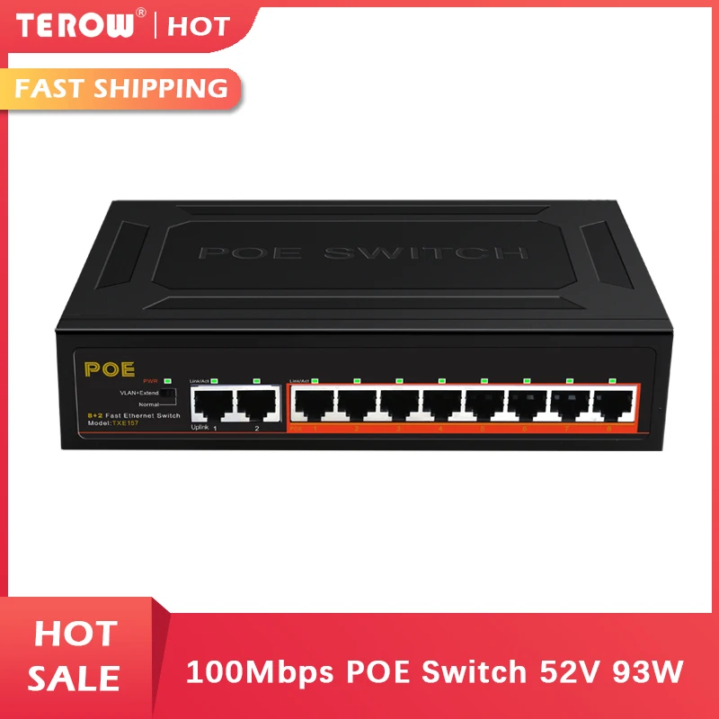 Interruptor de red POE de 100M, conmutador Ethernet de 52V y 93W, 8x100M, puerto de enlace ...