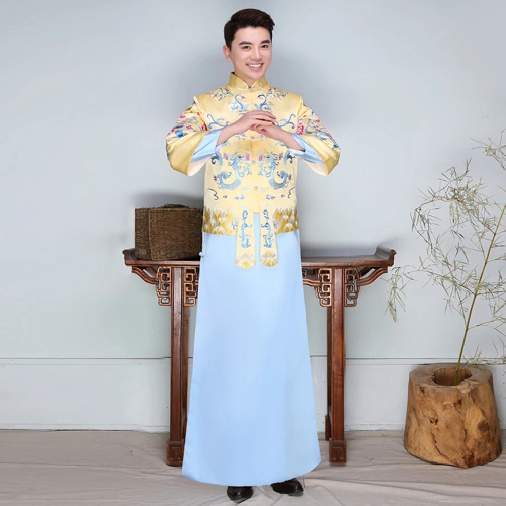 male red cheongsam toast costumes grooms dress jacket long gown ...