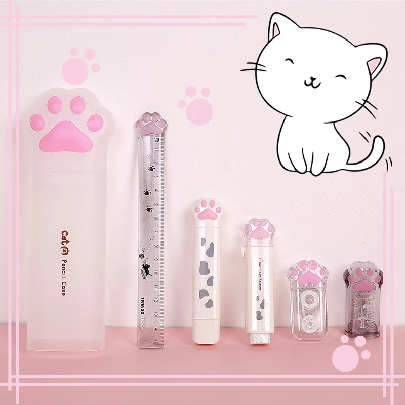 6 개몫 크리 에이 티브 고양이 발 편지지 세트 투명 펜 상자 연필 깎이 수정 테이프 접착제 지우개 눈금자 소녀 선물문구