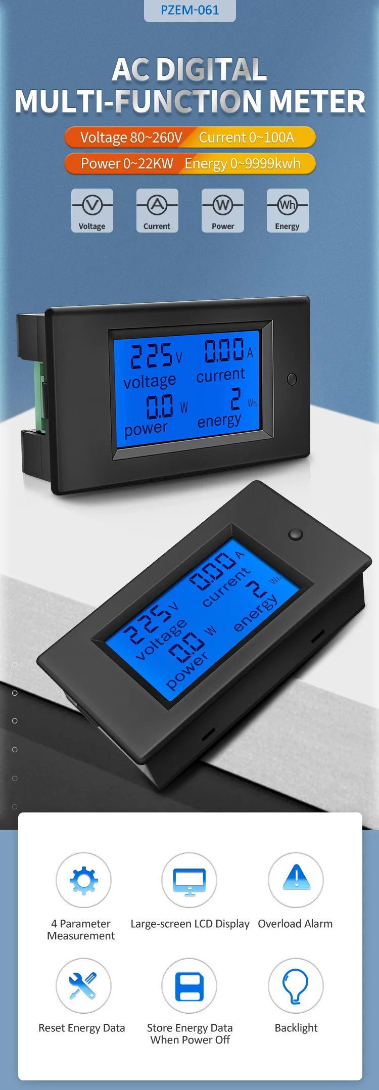 Peacefair AC Single Phase Digital Wattmeter Power Energy Kwh Tester ...