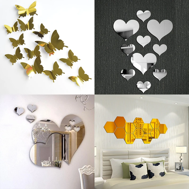 1-Set-Gold-Silver-3d-Butterfly-Mirror-Wall-Sticker-Heart-Round-Wall ...