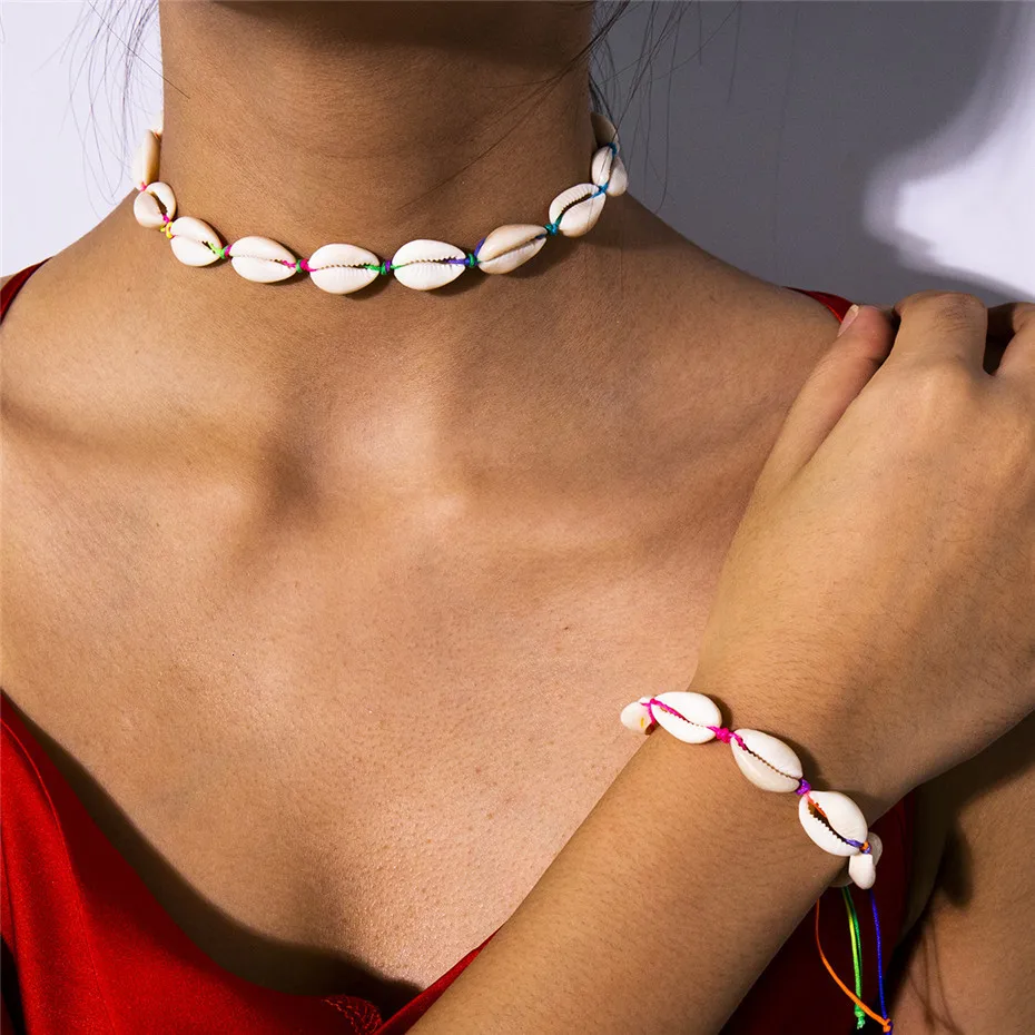 Bohemian Beach Necklace Gold Color Bead Shell Chain | Muduh Collection