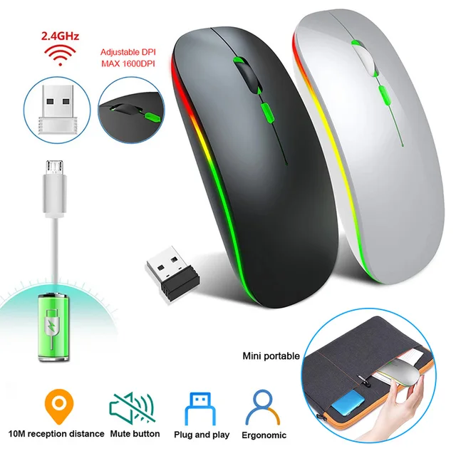 Ultra-thin 2.4GHz Wireless Mouse 800-1600DPI Rechargeable Ergonomic ...