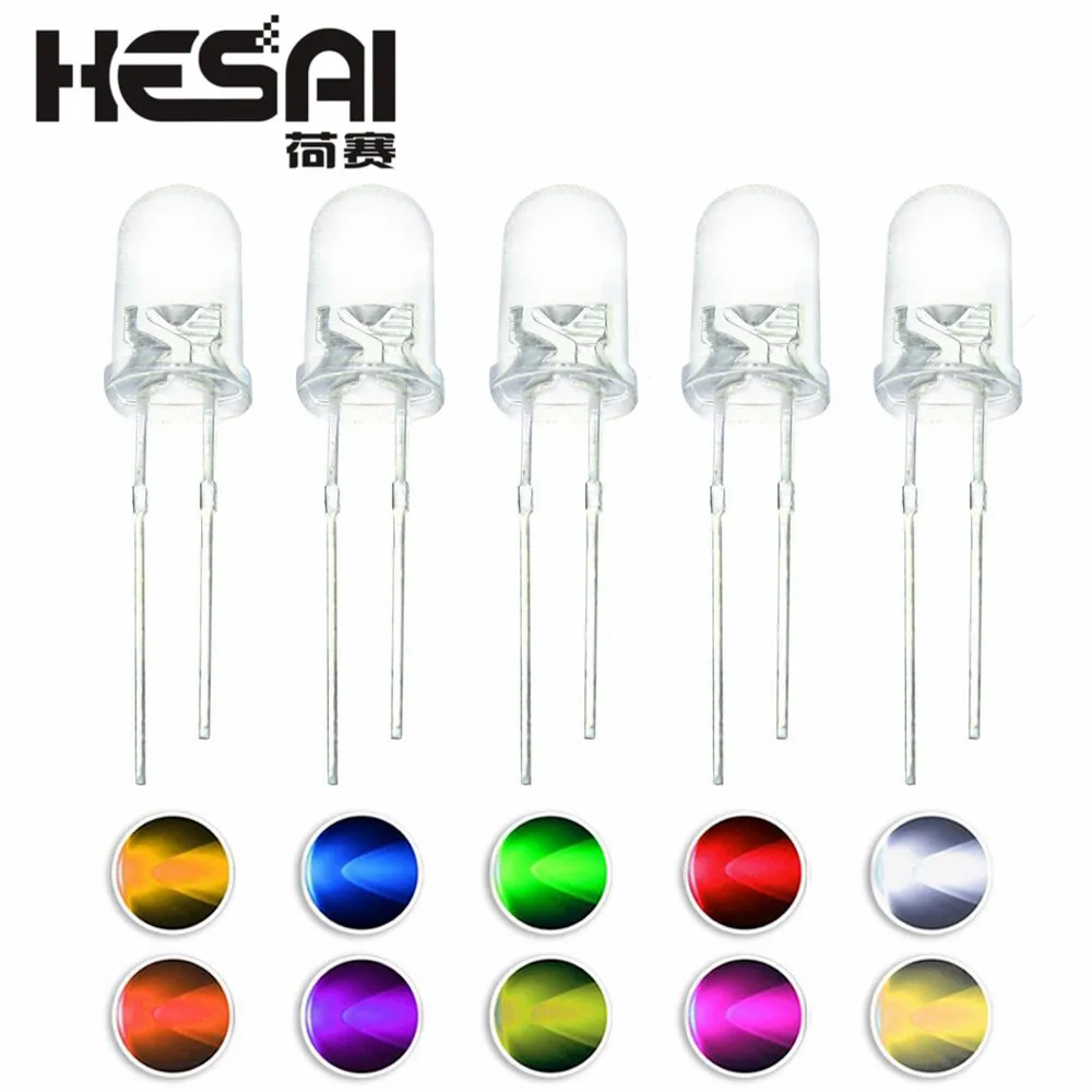 100pcs/lot F5 5MM Round Green/Yellow/Blue/White/Red/Warm White/Orange ...