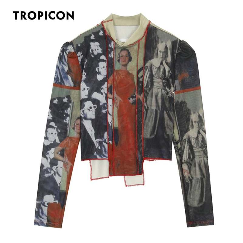 TROPICON-Manga-Longa-Puff-Malha-Top-Blusa-Assim-trica-Patchwork-Gola ...