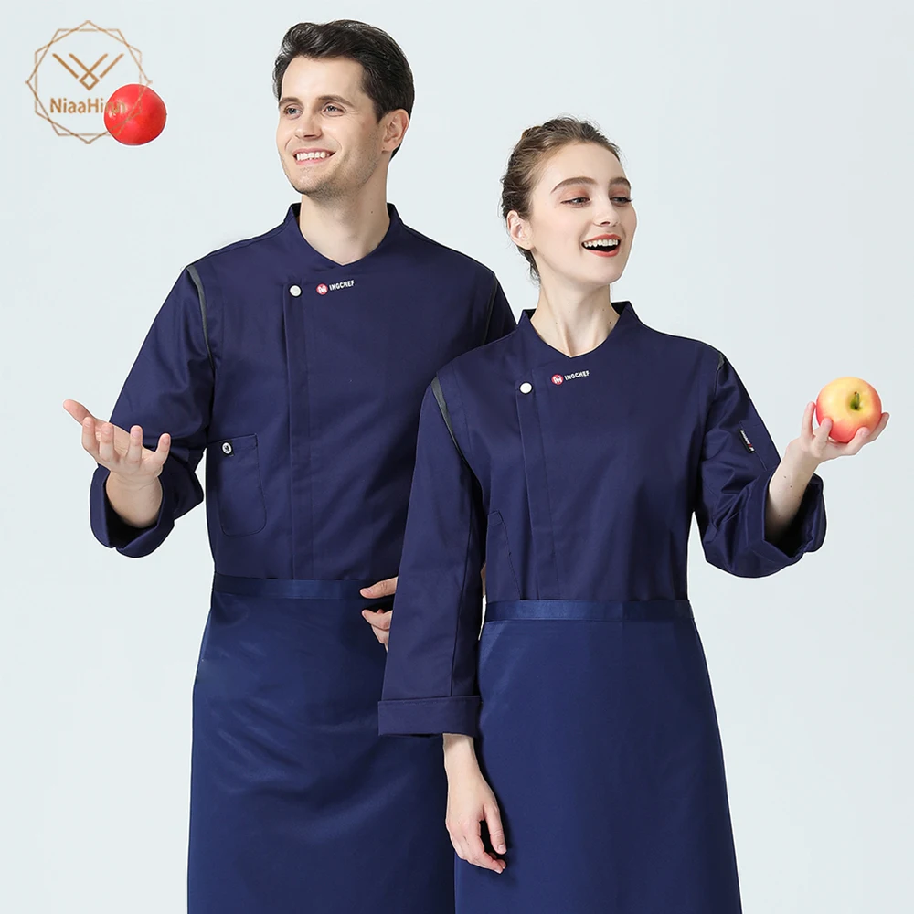 Ropa de trabajo de cocina Unisex, uniforme de Chef, azul, manga larga ...