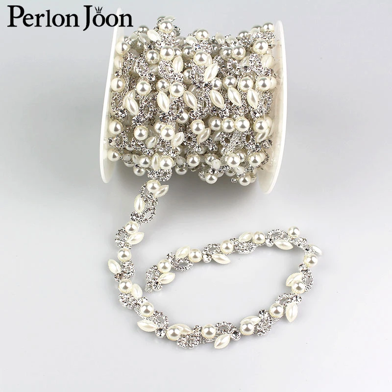 1yard Classic leaf shape pearl crystal chain rhinestones trim Ribbon ...