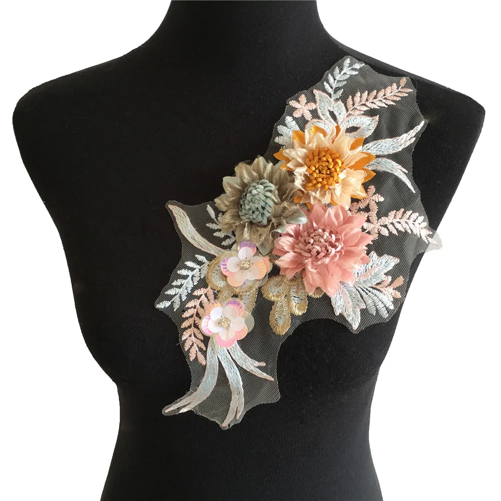 3D three dimensional flower decoration rhinestone sequin embroidery ...