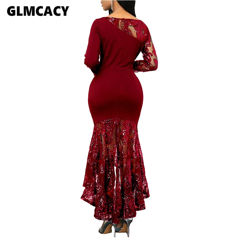 Женское платье с длинным рукавом, украшенное пайетками, кружевное ...