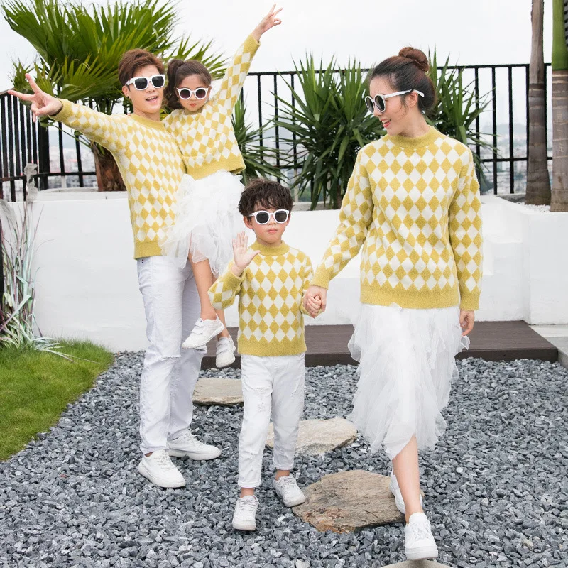 Family Matching Lattice Sweaters Mother Kids Clothes Plaid Clothing Big ...