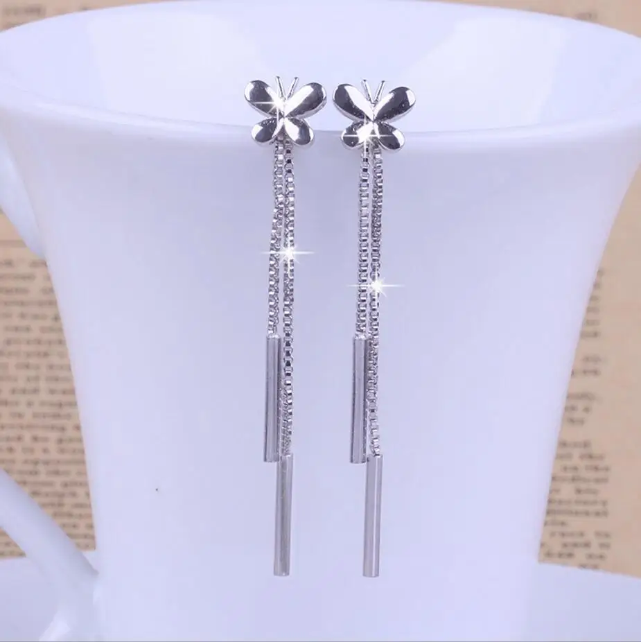 925 стерлингового серебра Бабочка Длинная ниспадающая Кисточка Серьги для женщин подарок букле d ...