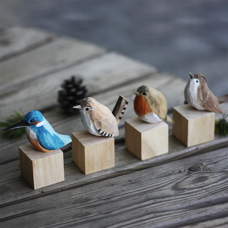 Nordic Style Wooden Bird Statue Ornaments Decorative Carved Wood Robin ...