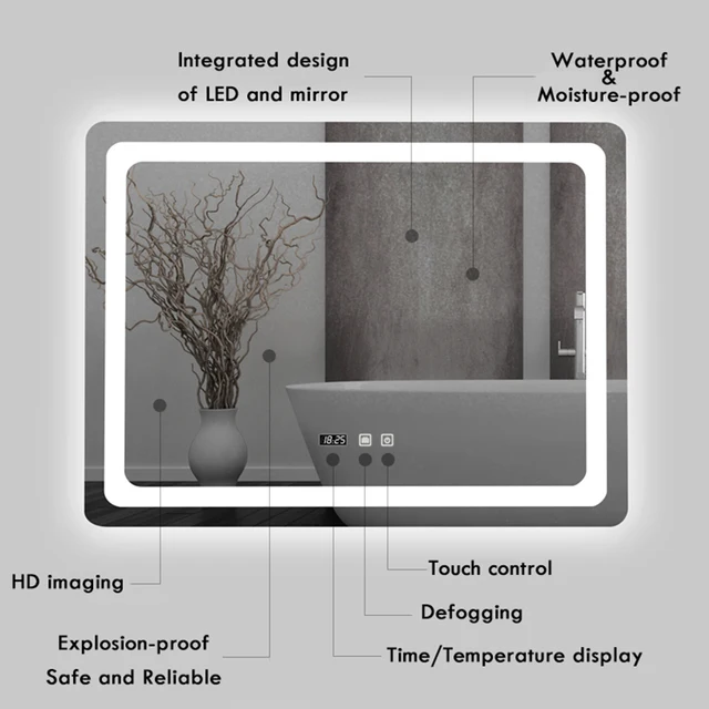 50X70cm Rectangular Smart Demist Bathroom Mirror 3 Color Adjustable LED ...