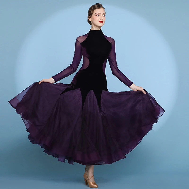 Dark Purple Velvet Stitching High-collar Standard Ballroom Dance Dress ...
