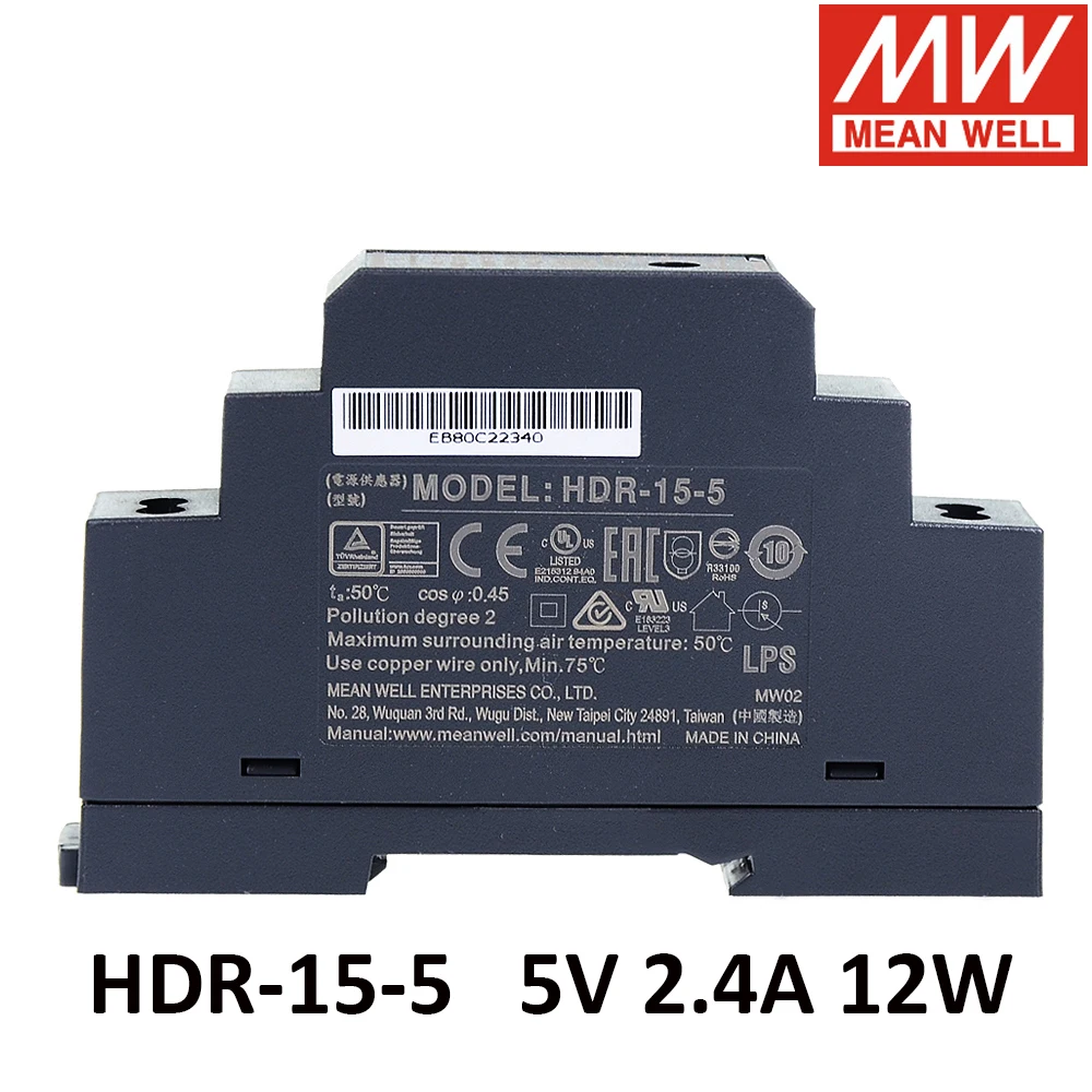 Original Mean Well HDR-15-5 85-264V AC TO DC 5V 2.4A 12W Meanwell Ultra ...