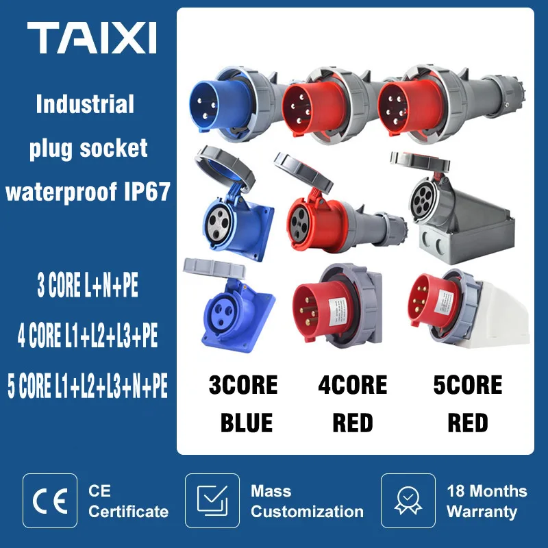 IP67 Waterproof Industrial Plug and Socket 16A 32A 63A 125A Wall ...
