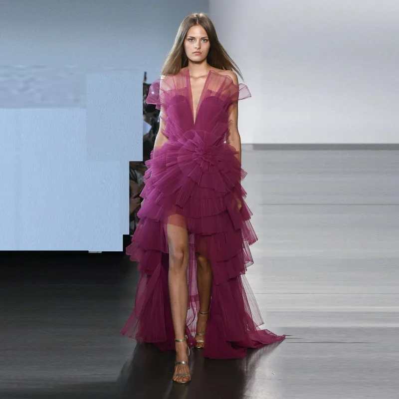 Gaun Pesta Ungu Robe De Soiree Gaun Formal Hi Low Tulle Longo Vestido De Festa Berjenjang Malam ...