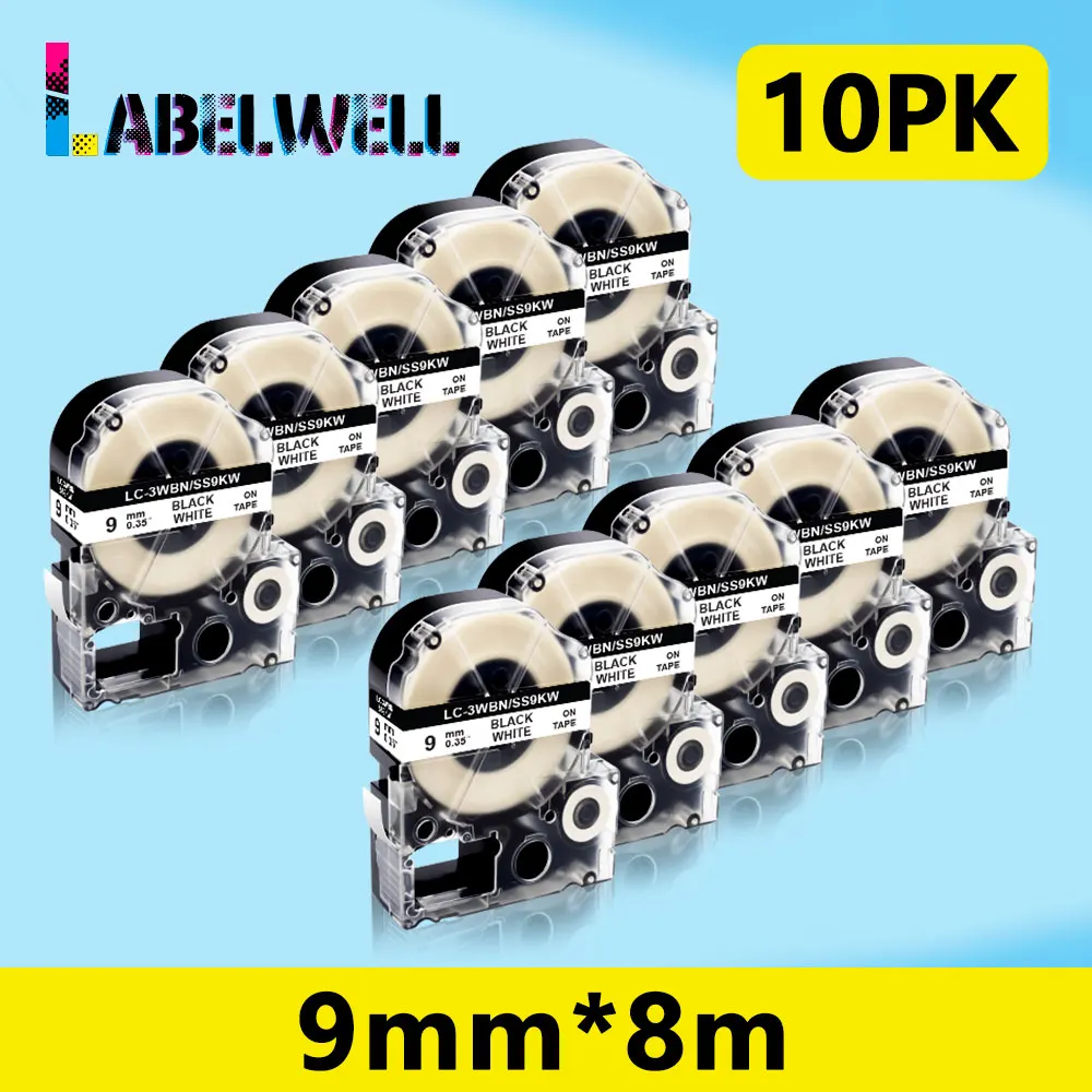 Labelwell 10pk For Epson Ss9kw Lc-3wbn Black On White 9mm Label ...