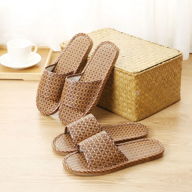 New Linen bamboo non slip summer slippers men women home indoor natural ...