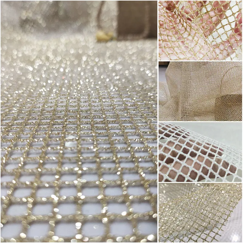 Hard-Mesh-Fabric-Gold-White-Glitter-Sequin-Square-Net-Fabric-Designer ...