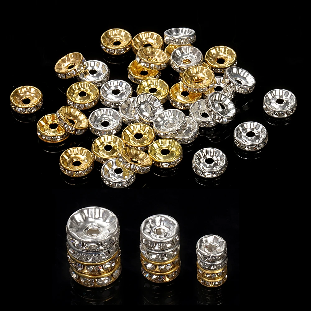100pcs 4/6/8/10mm Gold Silver Rhinestone Rondelles Crystal Beads Round Loose Spacer Beads For ...